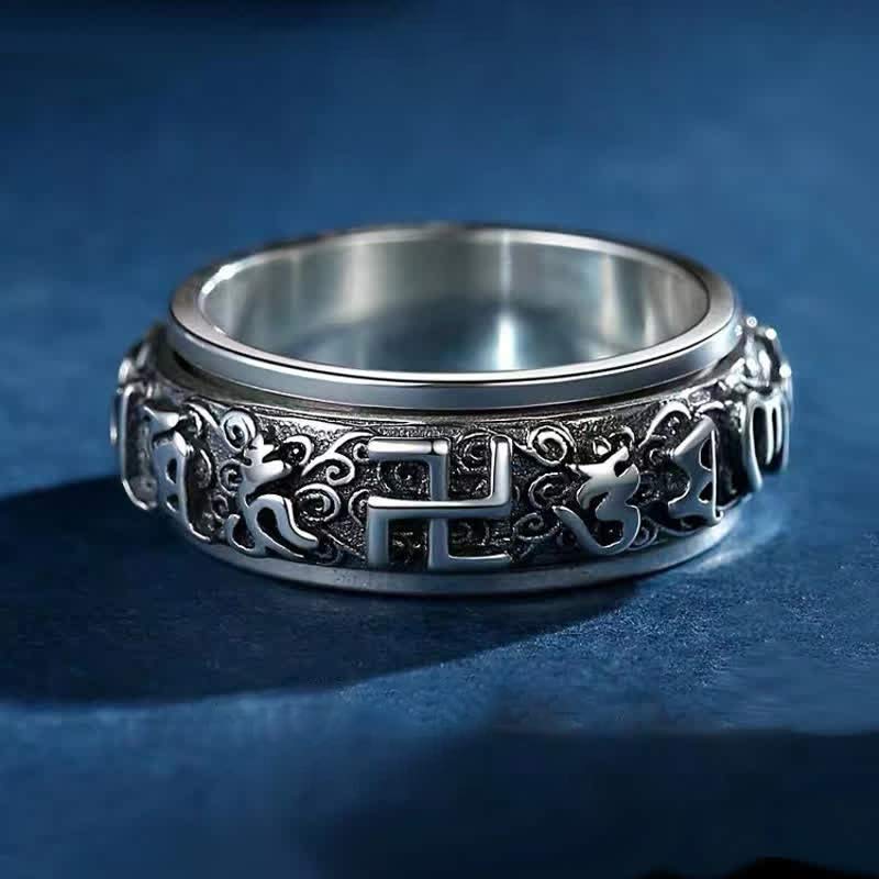 Buddha Stones Six True Words Swastika Copper Healing Rotatable Ring ...