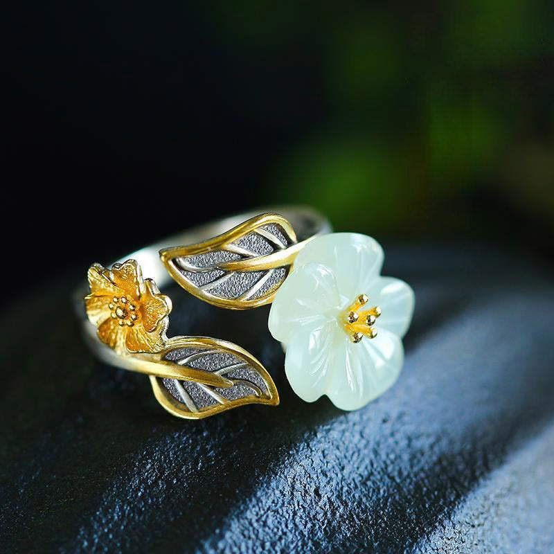 Buddha Stones 925 Silver Plated Copper White Jade Plum Flower Leaf Luc ...